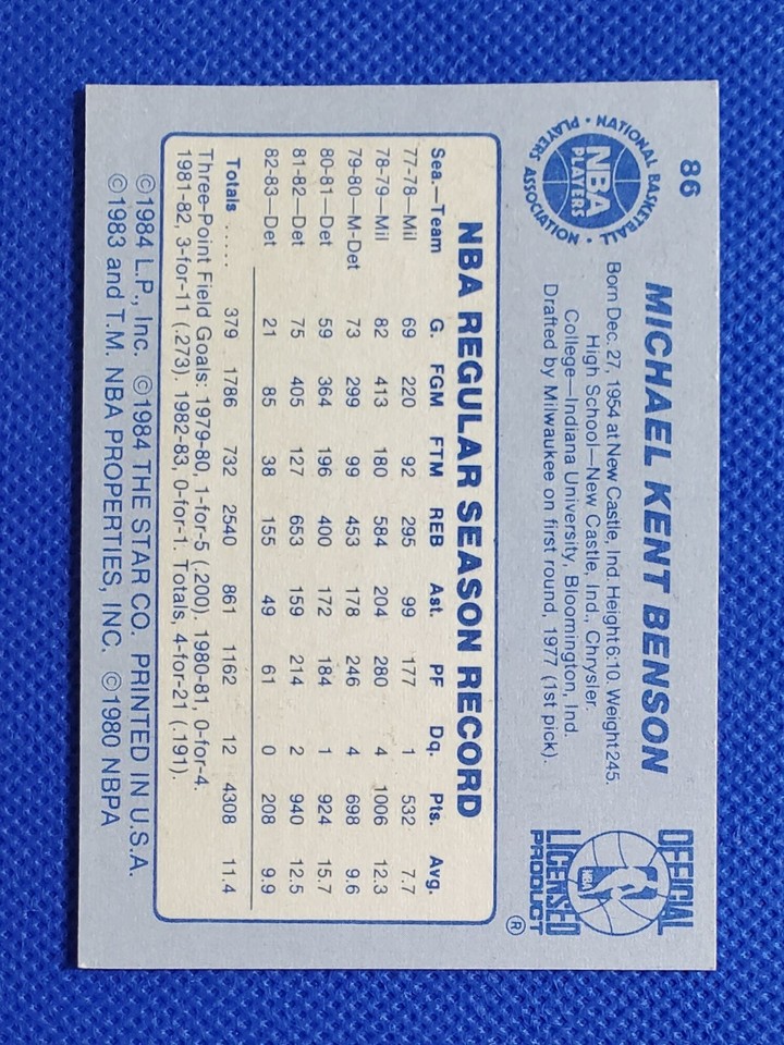 Kent Benson 1983-84 Star #86 Detroit Pistons NM-MT | eBay