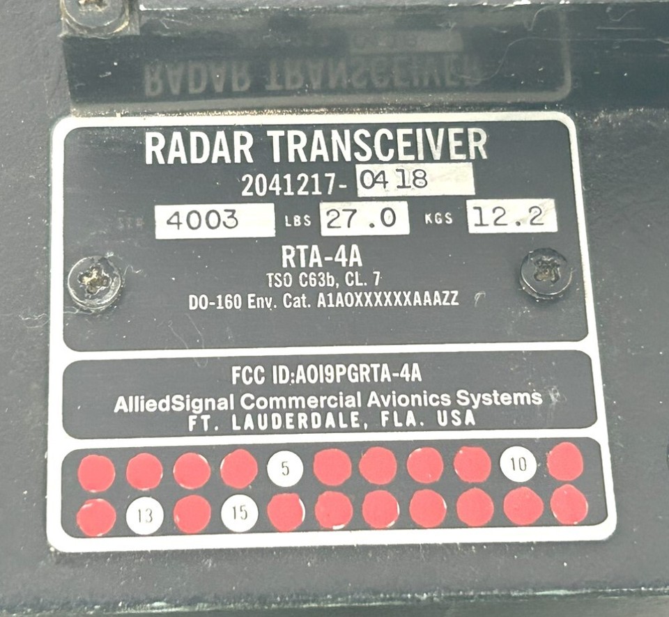 Allied Signal RTA-4A Aircraft Radar Transceiver 2041217-0418 | eBay