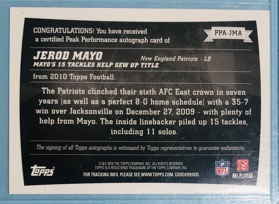 2010 Topps Peak Performance Auto Jerod Mayo Cert Autograph NEW ENGLAND ...