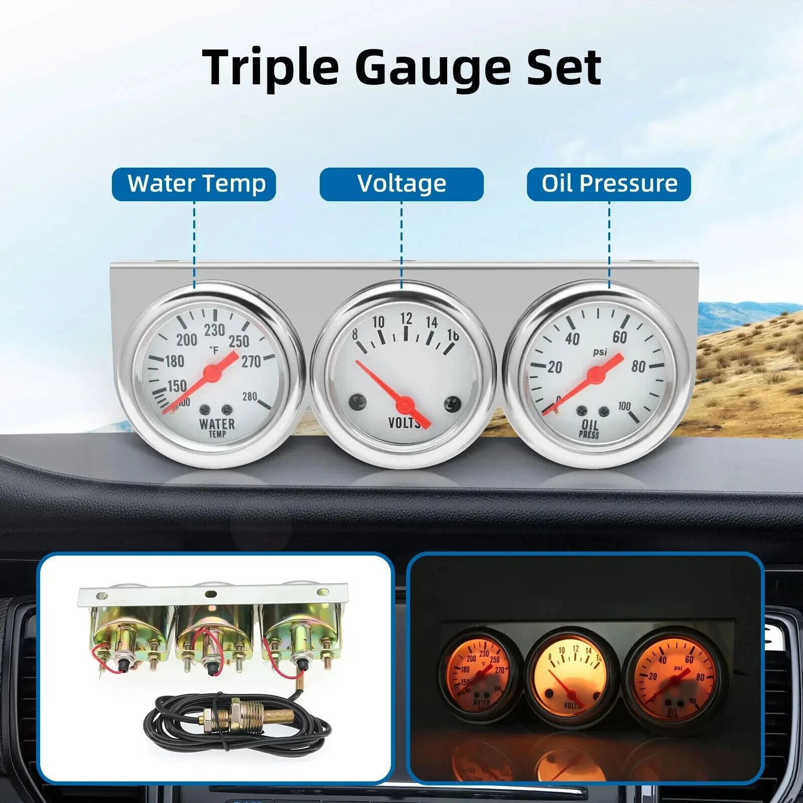 3 in 1 Car Meter Auto Gauge 2'' 52mm Car Triple Gauge Kit Oil/Volt/Water Gauge | eBay