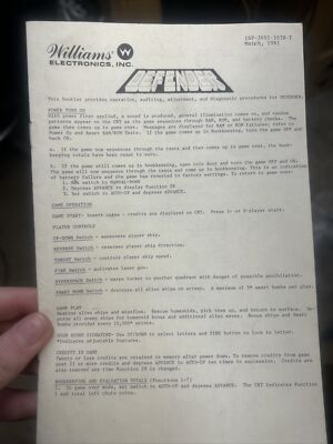 Williams DEFENDER Pinball Machine Fast Instruction Booklet- used ...