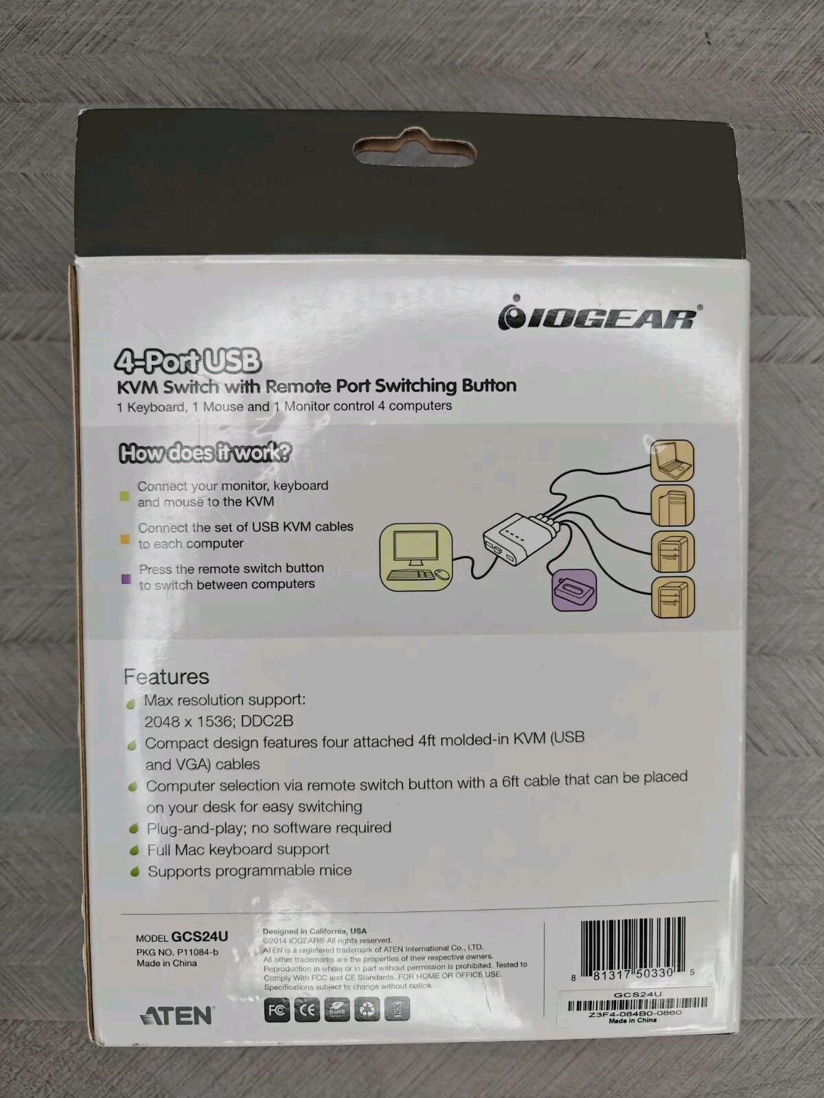 IOGEAR GCS24U 4-Port USB One Touch Switching KVM Switch w/ Remote Port ...