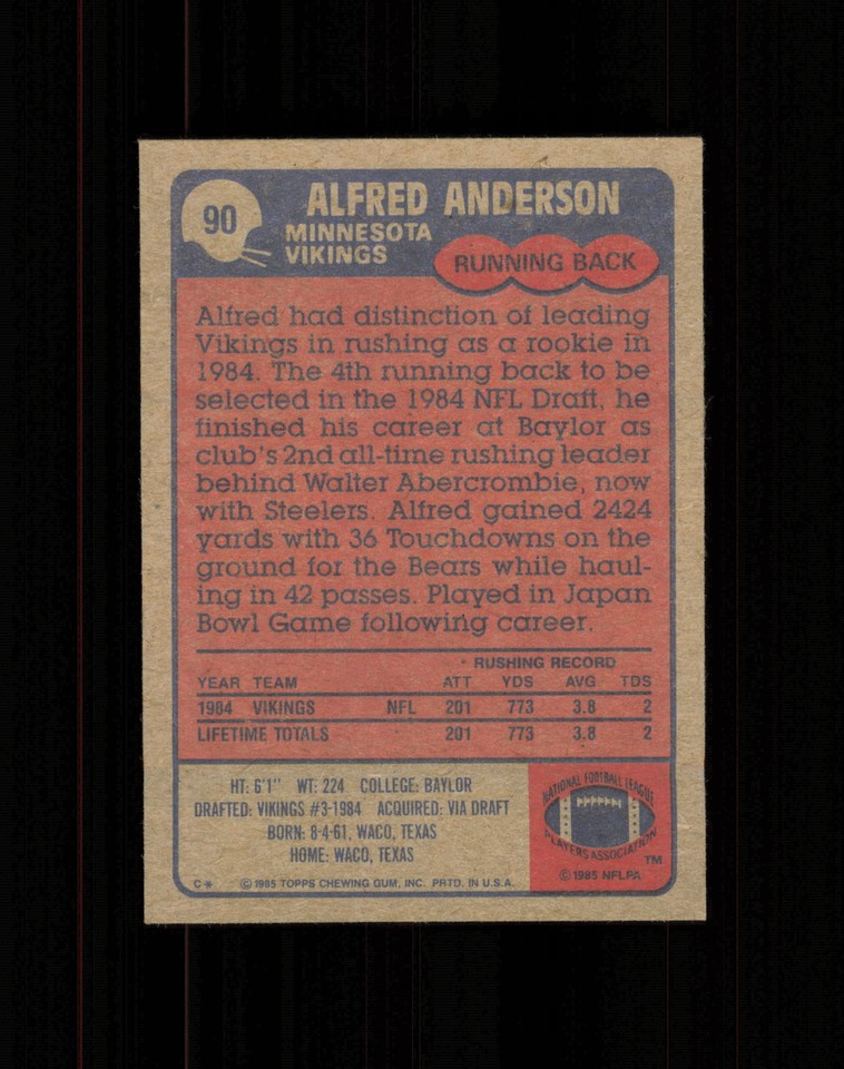 1985 Topps Football #90 Alfred Anderson RC Minnesota Vikings | eBay