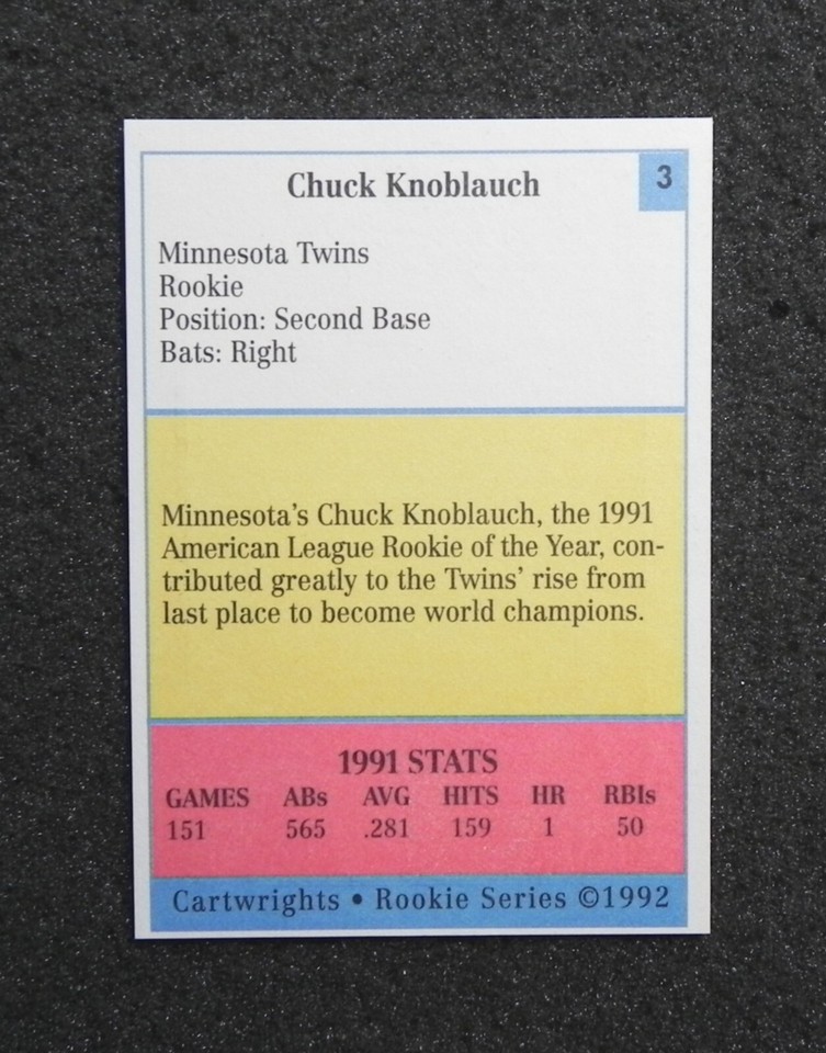 CHUCK KNOBLAUCH 1992 SILVER Cartwrights Rookie Series Card #3 _ Exact ...