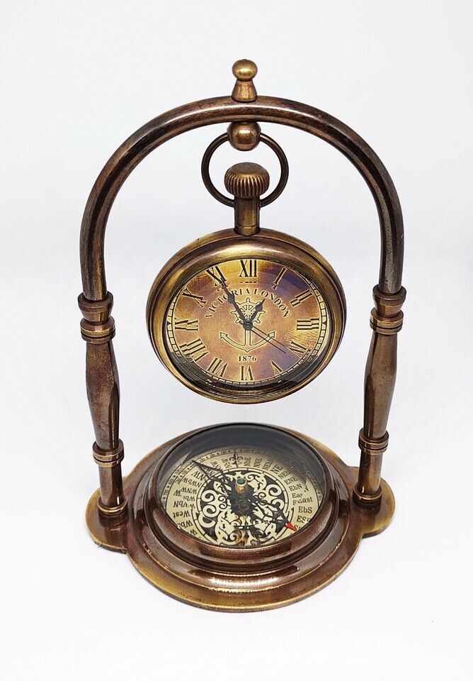 Nautical Antique Brass Victorian Table Clock with Compass on Base Home ...