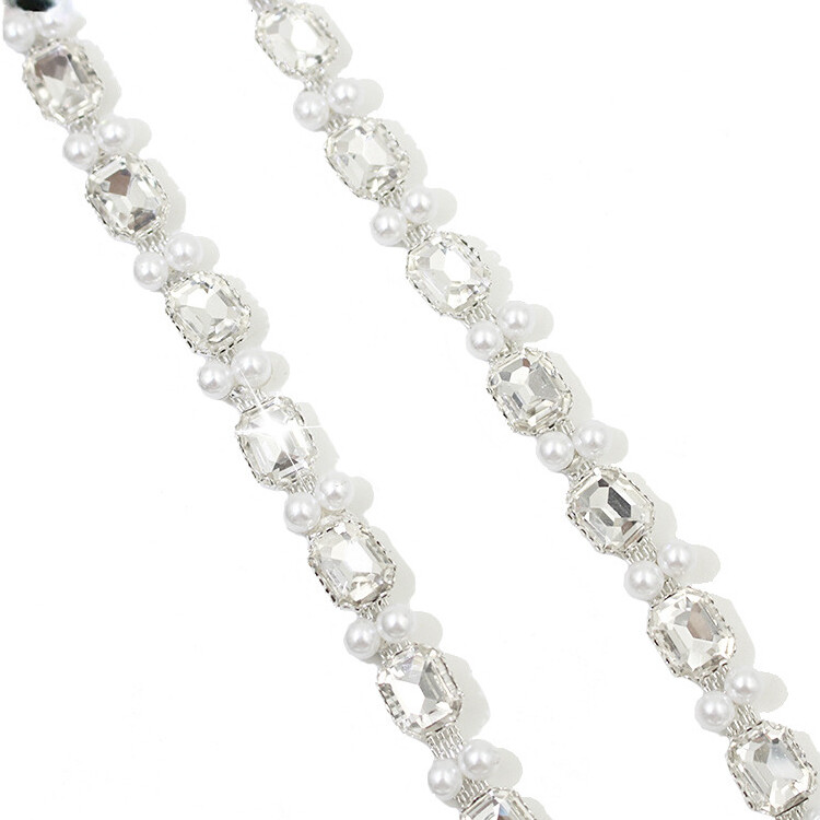 90cm Faux Pearl Rhinestone Ribbon Crystal Beads Chain Trim DIY Dress ...