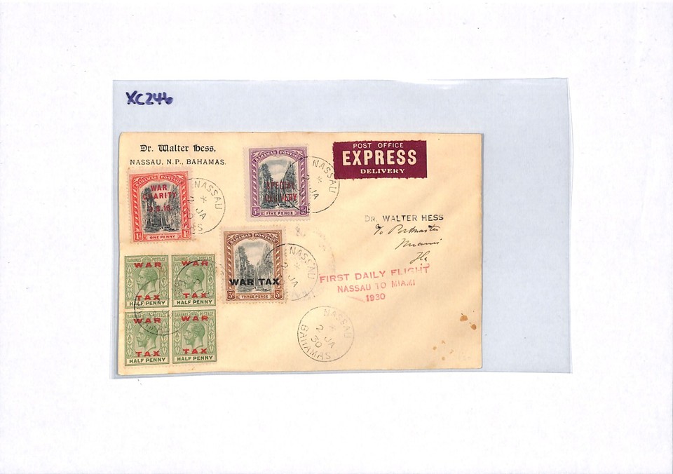 BAHAMAS WAR TAX/CHARITY Air Mail Cover Nassau FIRST FLIGHT USA 1930 ...