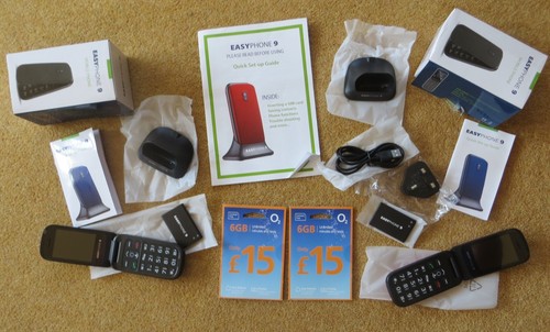 2 x EASYPHONE 9 MOBILE PHONES NEW opened but unused blue and red ...