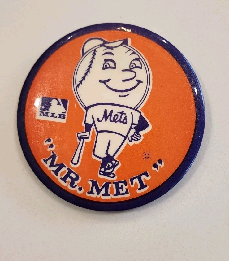 Vintage Late 1975 Large 3.5 in MLB Mets Pin Button Mr Met Orange Blue ...