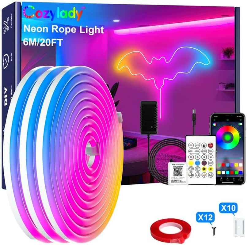 20Ft RGB Neon Rope Lights, Outdoor Waterproof Music Sync Gaming App ...