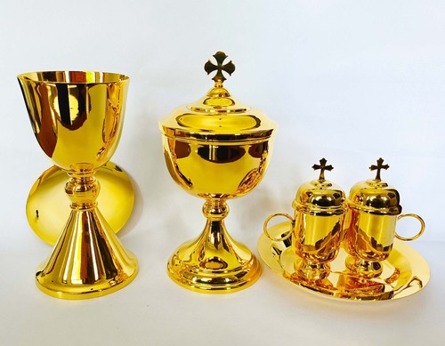 Chalice, Ciborium & Cruet set Brass Gold plated Holy Communion Altar ...