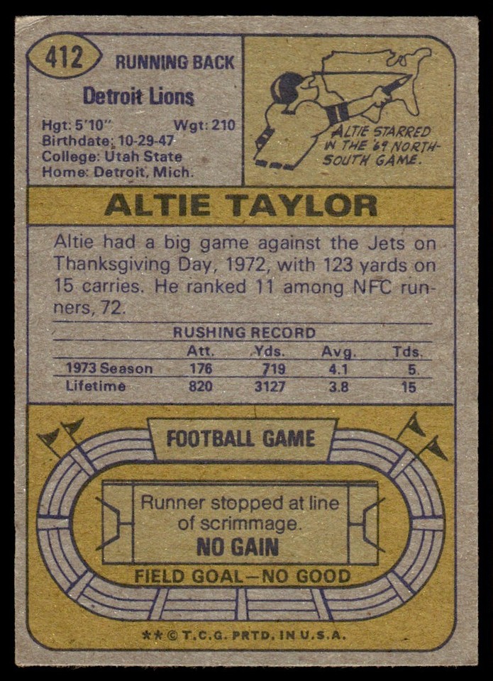 1974 Topps Altie Taylor Detroit Lions #412 | eBay