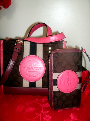 Coach Dempsey Small Tote Tan and Brown with Strawberry Trim w/Matching ...