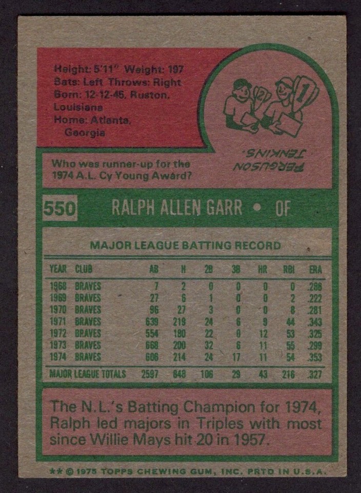 1975 Topps Baseball Card #550 Ralph Garr Atlanta Braves EX-MT | eBay