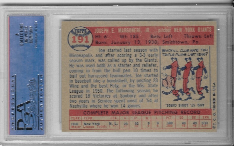 1957 Topps Baseball Card, #191, Joe Margoneri, PSA-6, Ex-Mt, New York ...