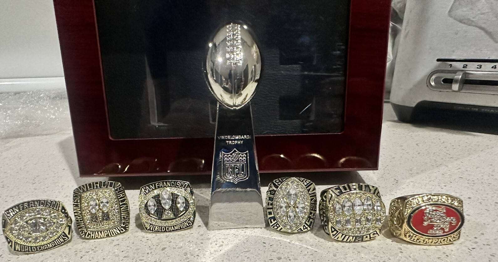 San Francisco 49ers 6 x NFL championship ring and metal trophy set W ...