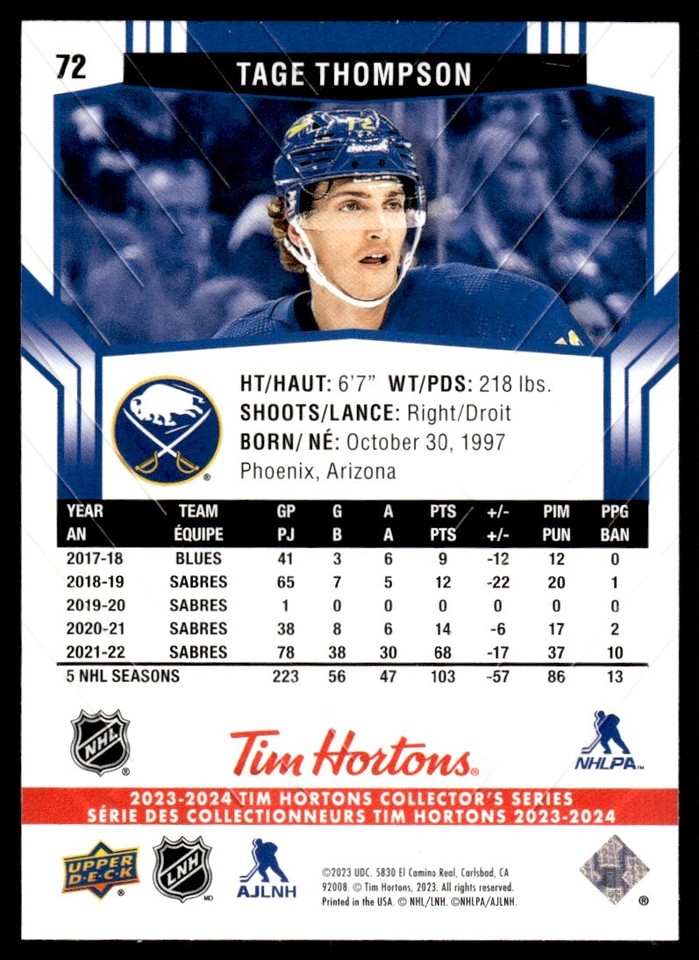 Tage Thompson 2023-24 Upper Deck Tim Hortons #72 Buffalo Sabres | eBay