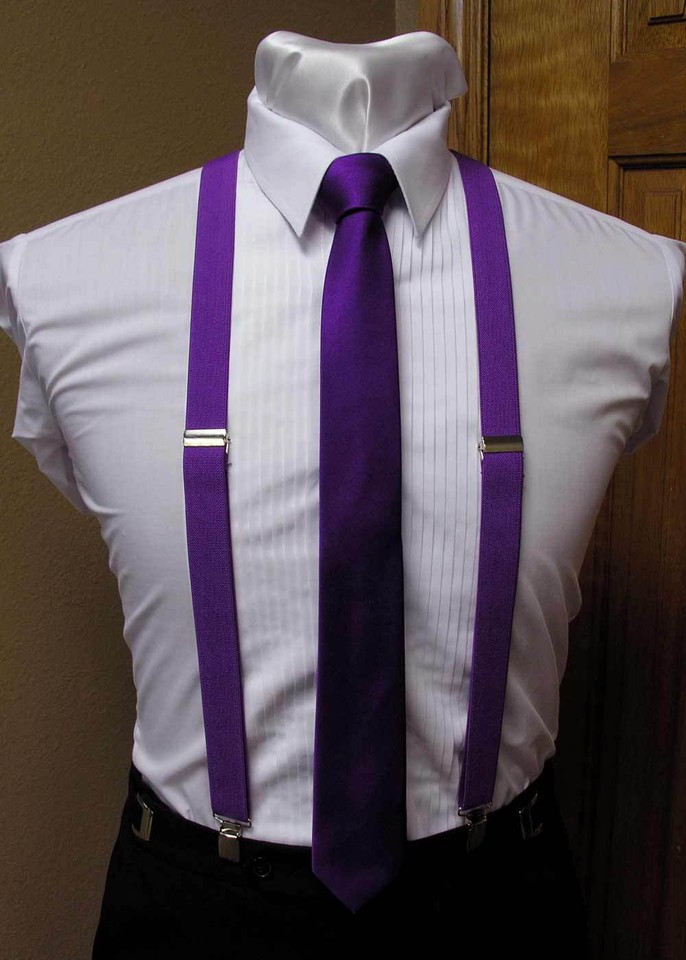 Matching skinny tie and suspenders set men's clip-on x back longer ...