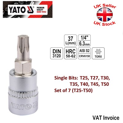 Yato Professional TORX SOCKET 1/4 Single Bits T25 T27 T30 T35 T40 T45 ...