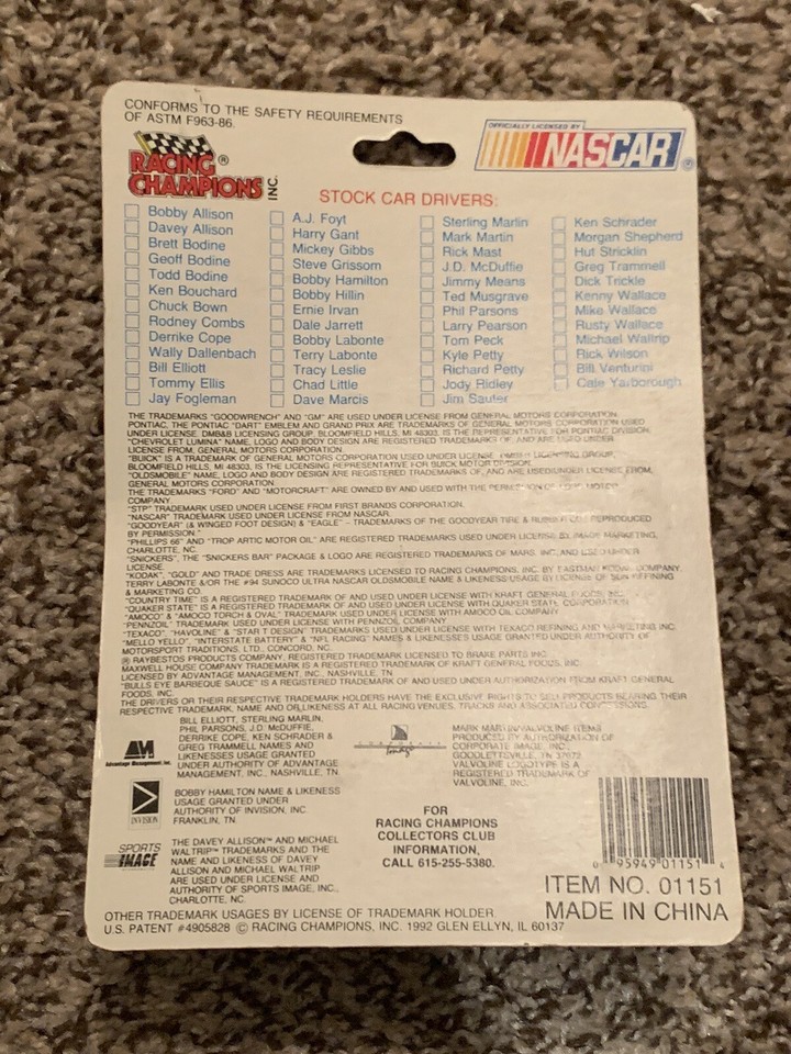 1992 RACING CHAMPIONS (#70) NASCAR J.D. MCDUFFIE W/ Collector Card 1:64 ...