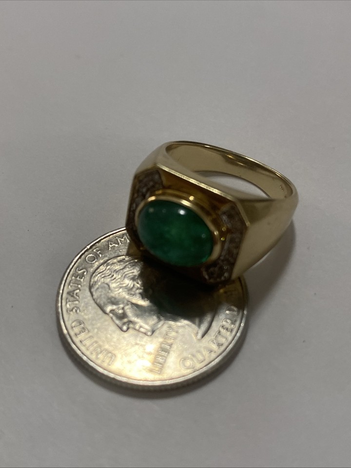 Vintage 14K 585 Men’s Emerald Cabochon Diamond Ring | eBay