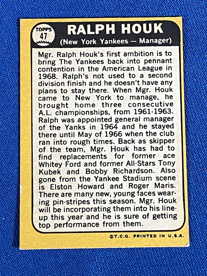 1968 Topps Ralph Houk Baseball Card #47 EX New York Yankees | eBay