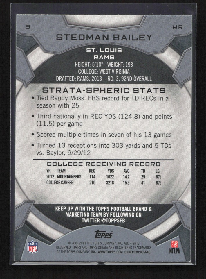 2013 Topps Strata Stedman Bailey RC #37 St. Louis Rams | eBay