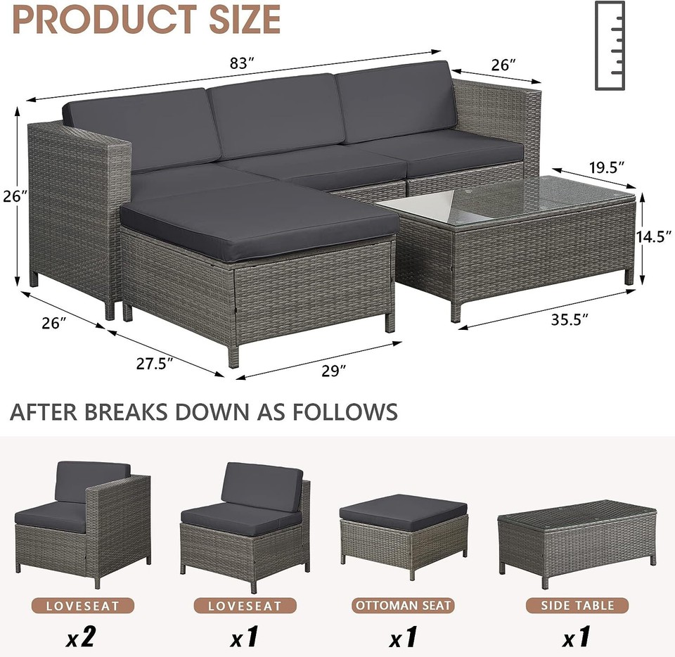 5 Pcs Rattan Wicker Sofa Set Outdoor Patio Garden Furniture w/ Gray ...