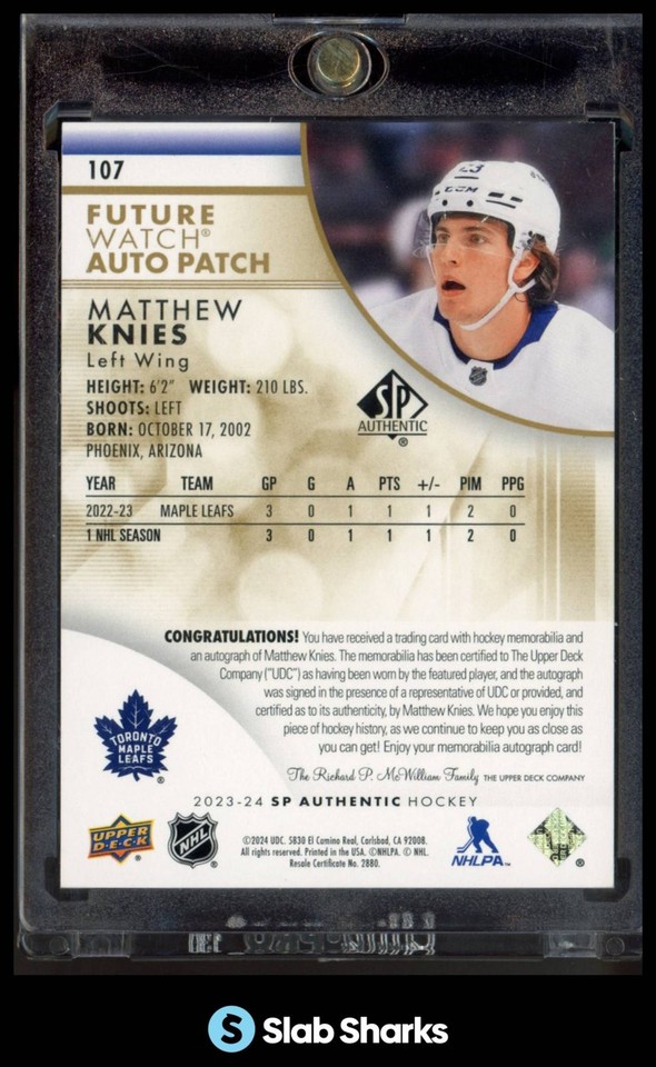 2023 SP AUTHENTIC #107 MATTHEW KNIES FUTURE WATCH PATCH AUTO ROOKIE RC ...