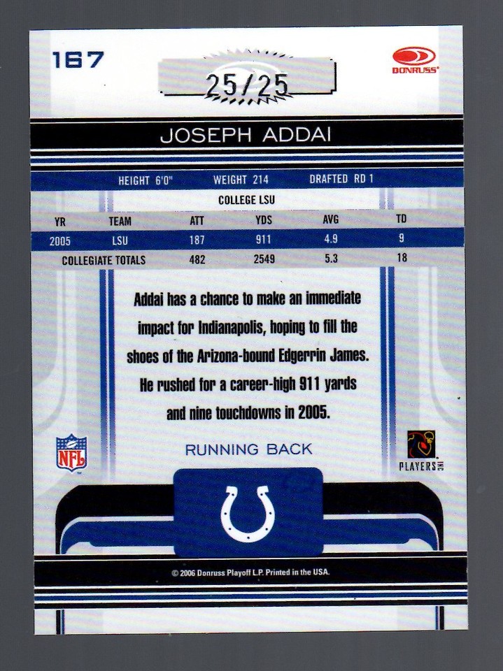 2006 Gridiron Gear #187 Joseph Addai X's Variant Rookie Card-Colts 25/ ...