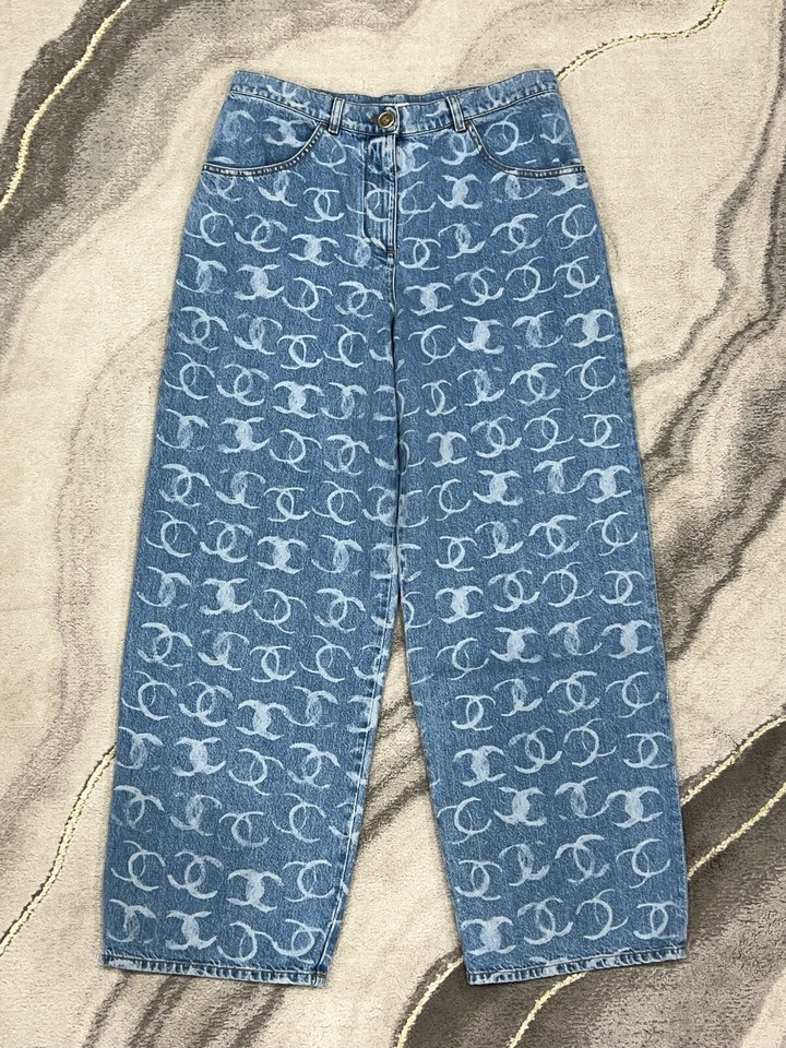 Chanel 23B Runway Light Blue Denim White CC Print Logo Baggy Oversized ...