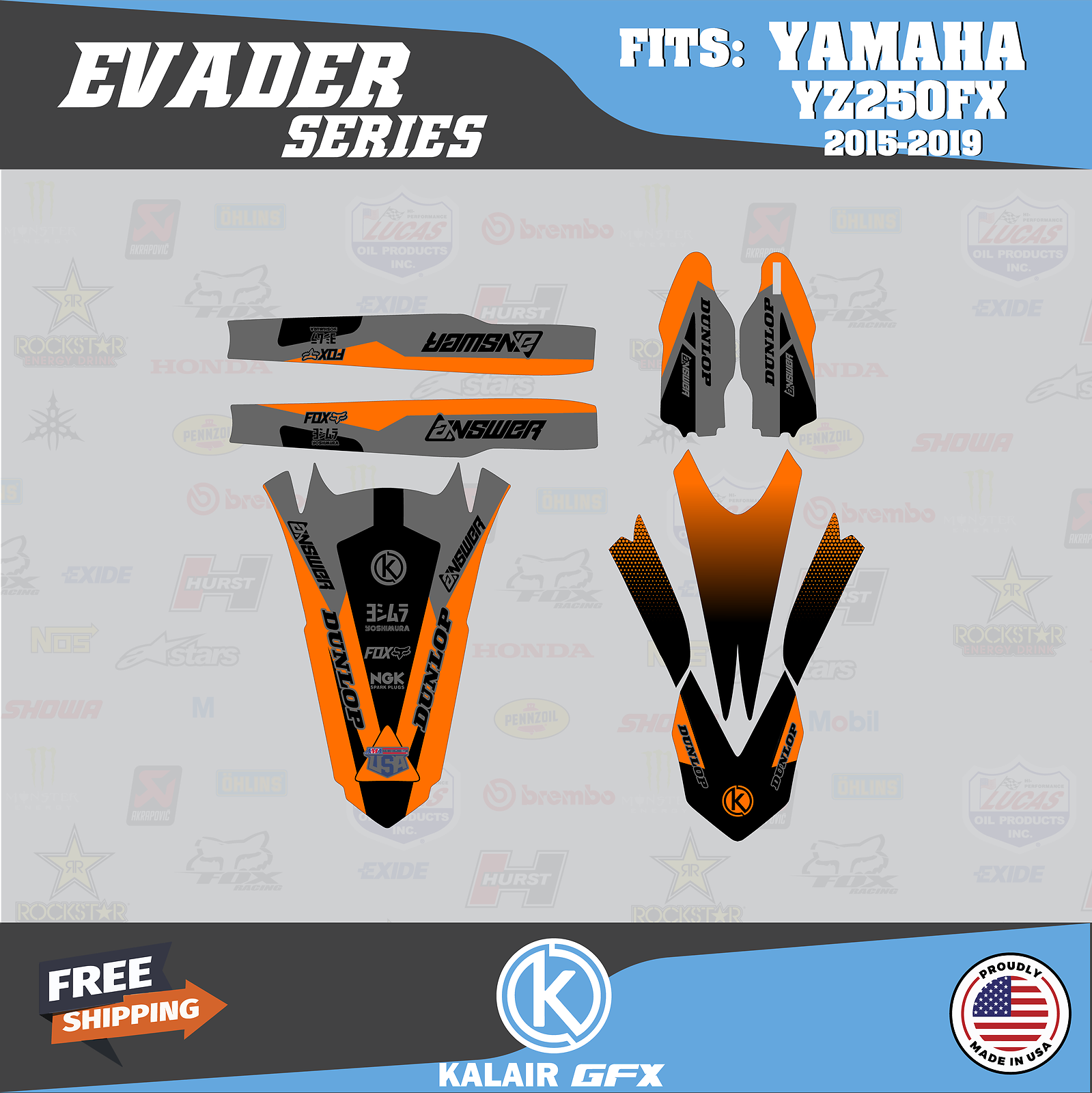 Graphics Kit for Yamaha YZ250FX (2015-2019) Evader-orange | eBay
