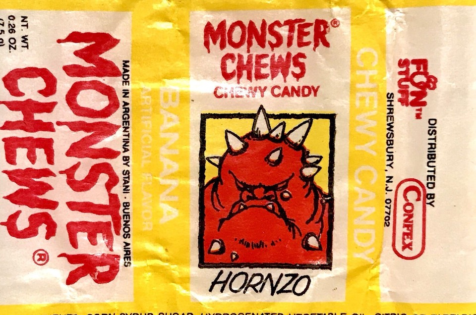Vintage 1989 MONSTER CHEWS Chewy Candy Container HORNZO Wax Wrapper ...