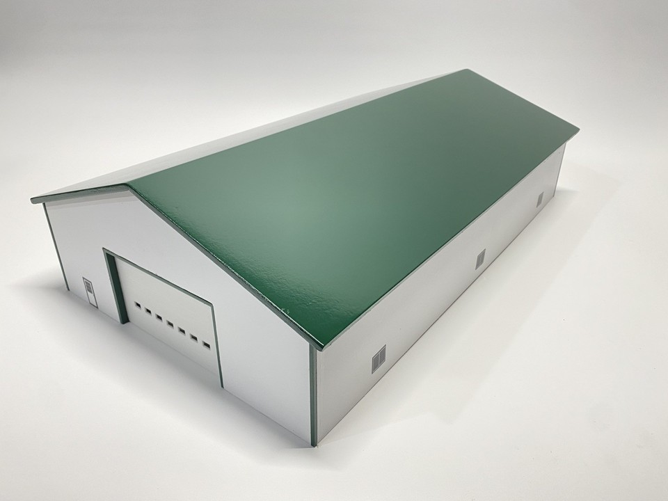 1/64 Scale Custom Farm Toy Implement Barn 70x120 White Sides Green Roof ...