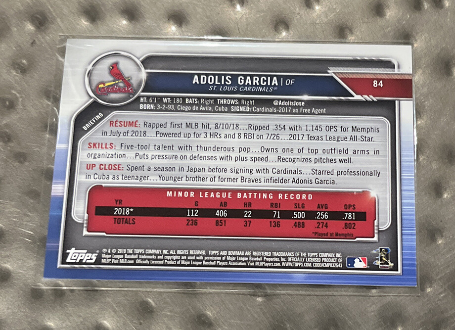 Adolis Garcia 2019 Bowman #84 Rookie Card St. Louis Cardinals Texas ...