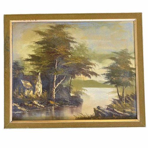 VINTAGE Forest OIL PAINTING SIGNED BY HARLOCK Nature Landscape Lake ...