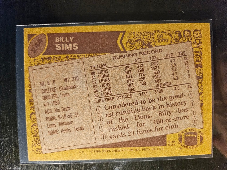 1986 Topps Football Billy Sims Card #244 | eBay