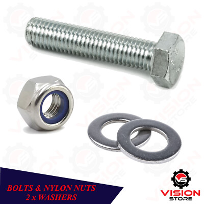M12 (12mm) BOLTS AND NYLON NUTS + 2x WASHERS FULLY THREADED SCREWS SET ...