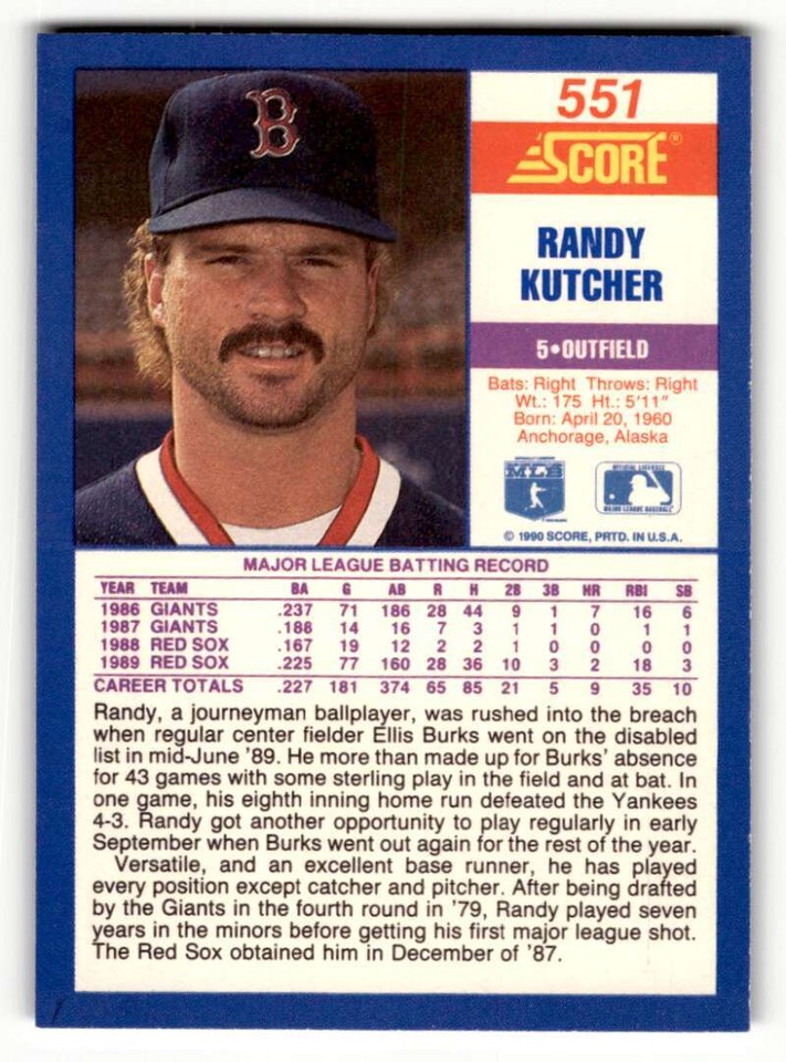 1990 Score #551 Randy Kutcher Boston Red Sox Baseball Cards ID:52830 | eBay