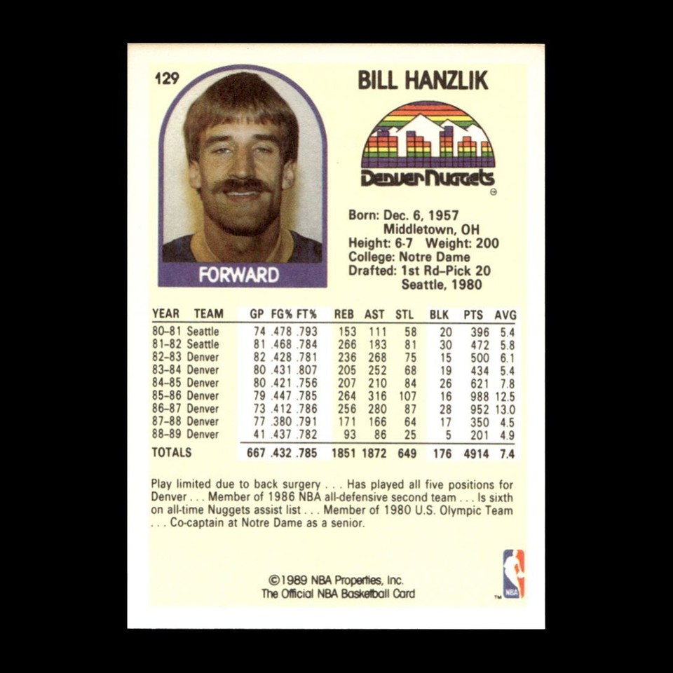 Bill Hanzlik 1989-90 Hoops Denver Nuggets #129 R328Y 49 | eBay