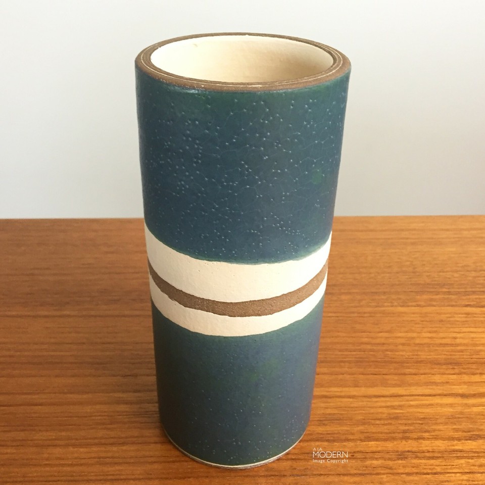 Lily King Modern Studio Pottery Cylinder Blue and White Stoneware Vase ...