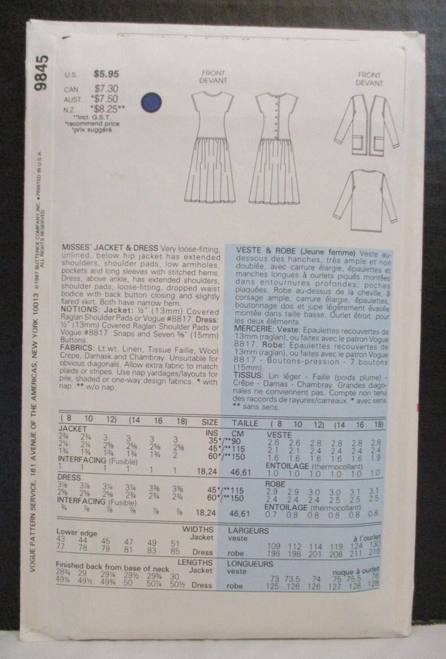 Very Easy Very Vogue Pattern 9845 Misses Jacket & Dress Size 8-10-12 ...