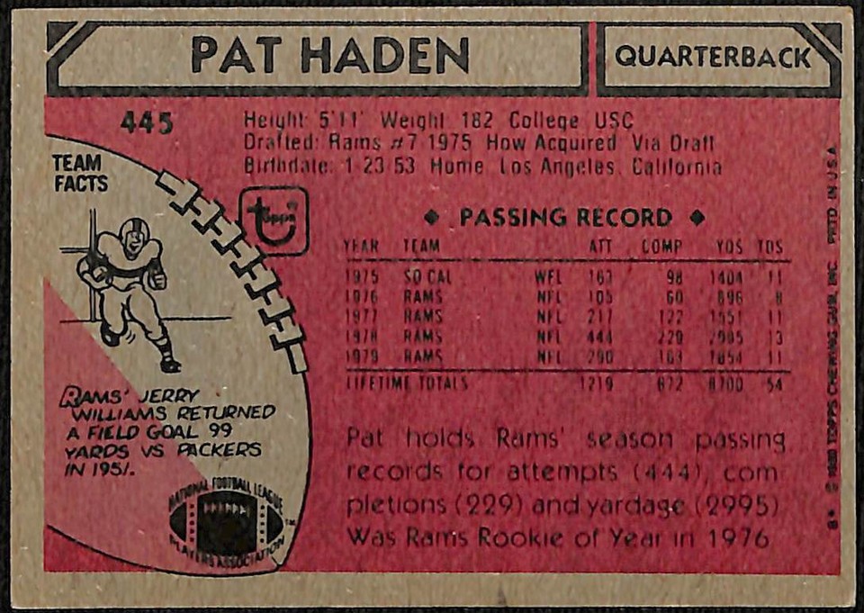 1980 Topps Pat Haden #445 Los Angeles Rams | eBay