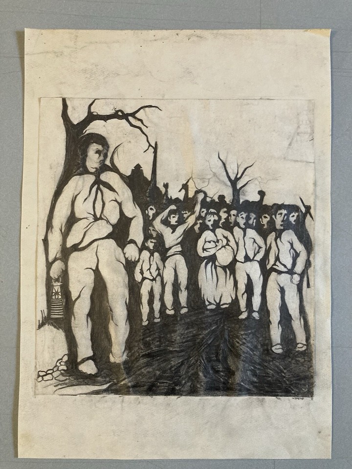 Vintage Drawing Pencil Paper 1950 Miners Strike Expressionist ...