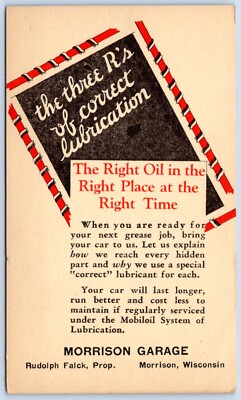 Postcard WI Morrison Garage Mobiloil Three R's Of Correct Lubrication ...