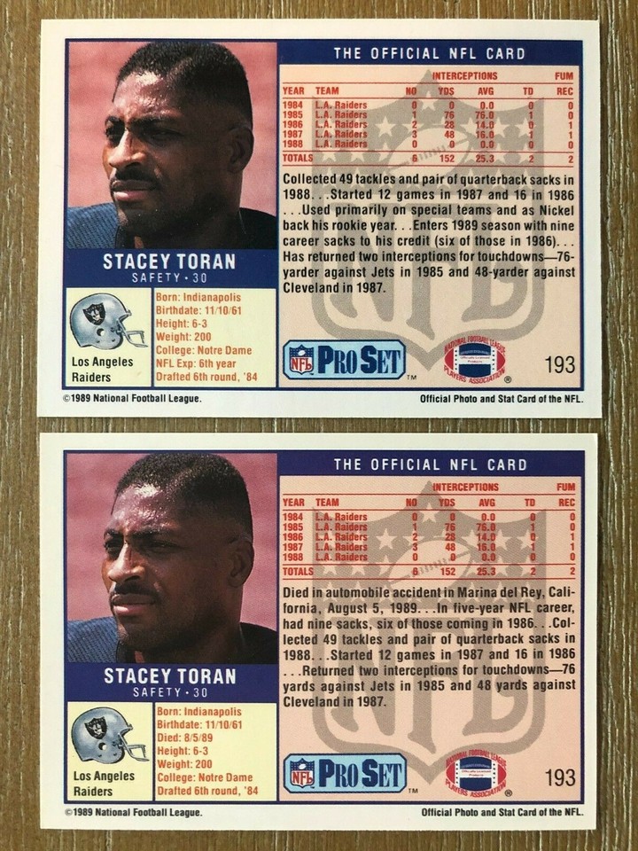 (2) 1989 Pro Set STACEY TORAN Raiders Death Stripe Variation Error ...