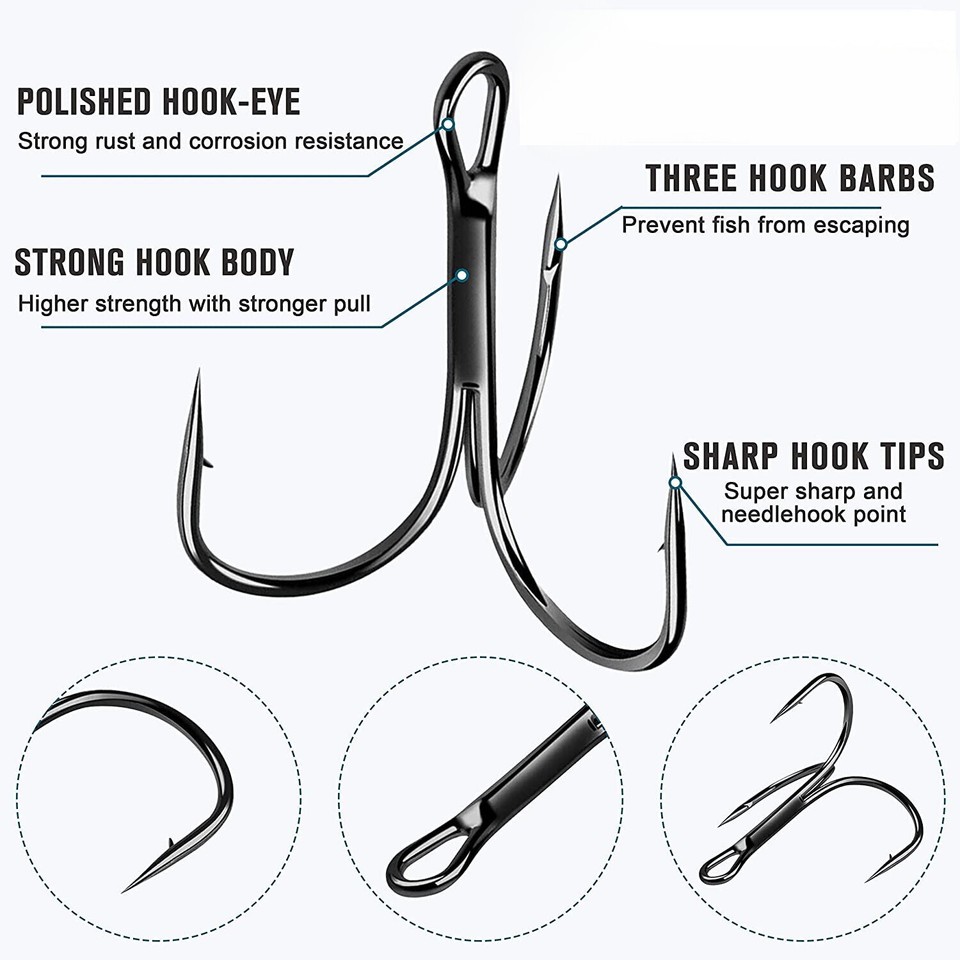 100PCS Treble Hooks Triple Fishing Sharp Hooks for Freshwater Saltwater ...