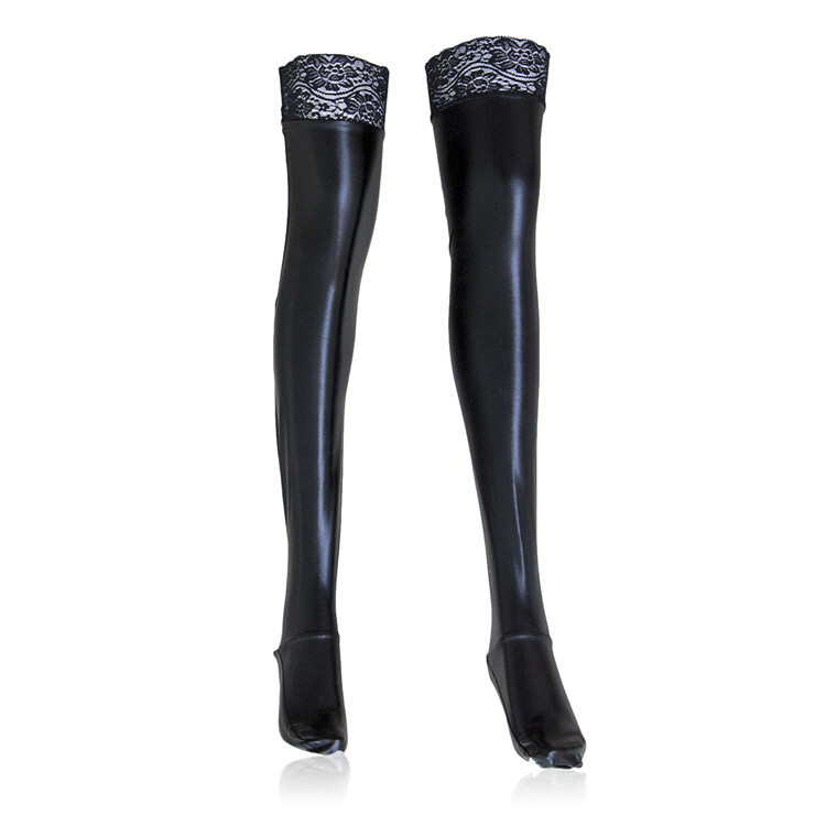 Black PVC Stockings Hold Ups Wet Look Stockings Lace Thigh High ...