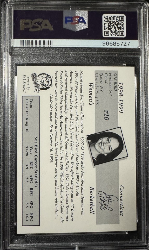1998 UConn Women Sue Bird Pre Rookie Storm GOAT Scarce 1st Card PSA 8 ...