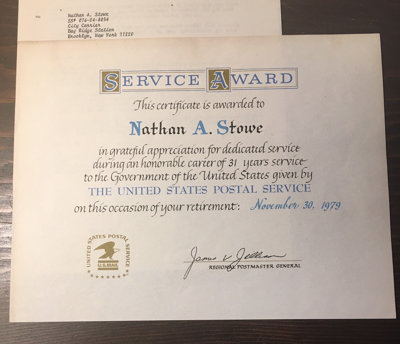 USPS United States Postal Service Award Nathan Stowe Murray Stein James ...